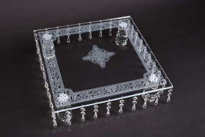 Crystal Cake Stand- Square Etched Plate 16" Wide Four Faceted Crystal ...